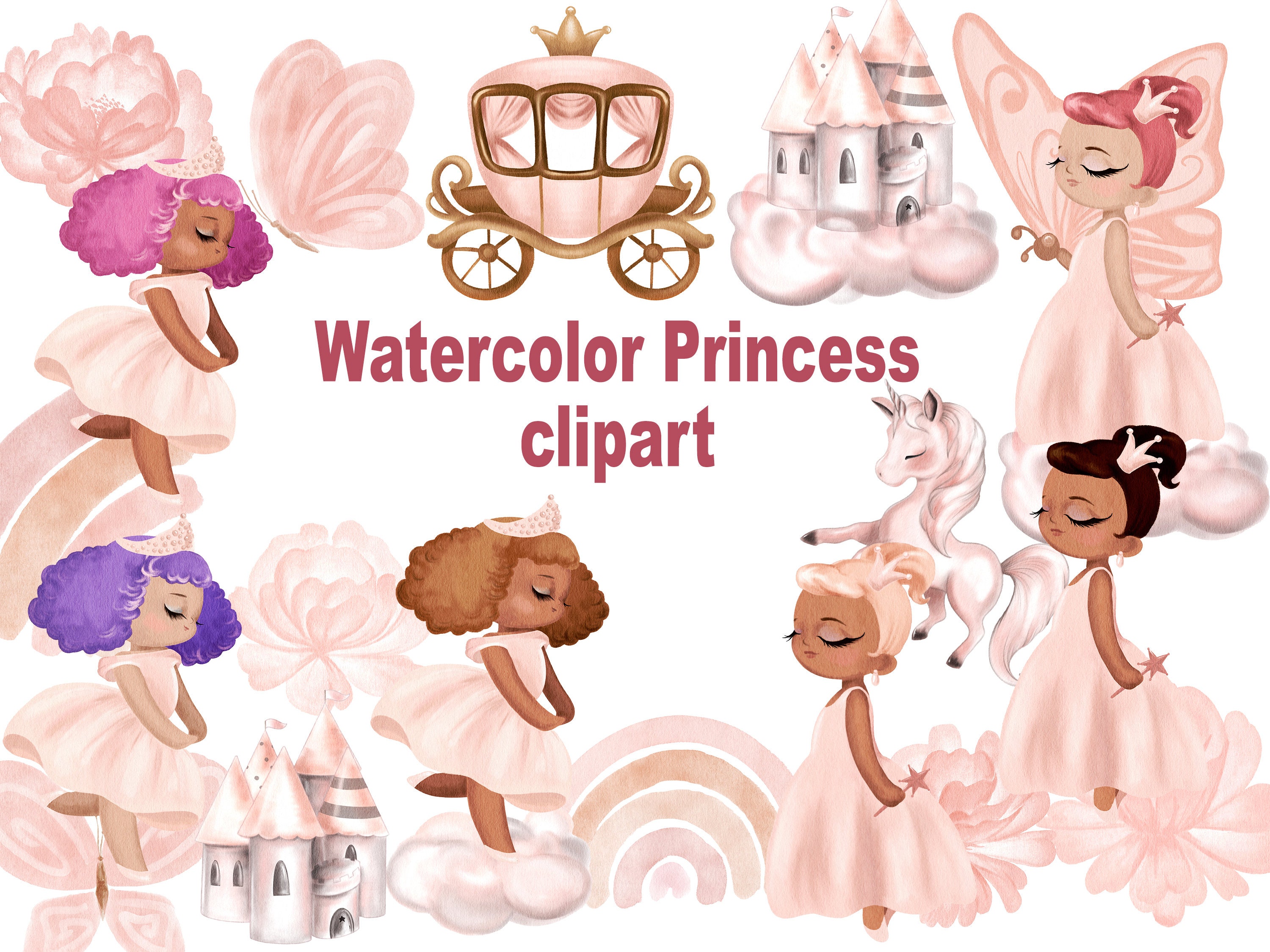 Little Princess Birthday Party Clipart Set, Watercolor Princess Clipart ...