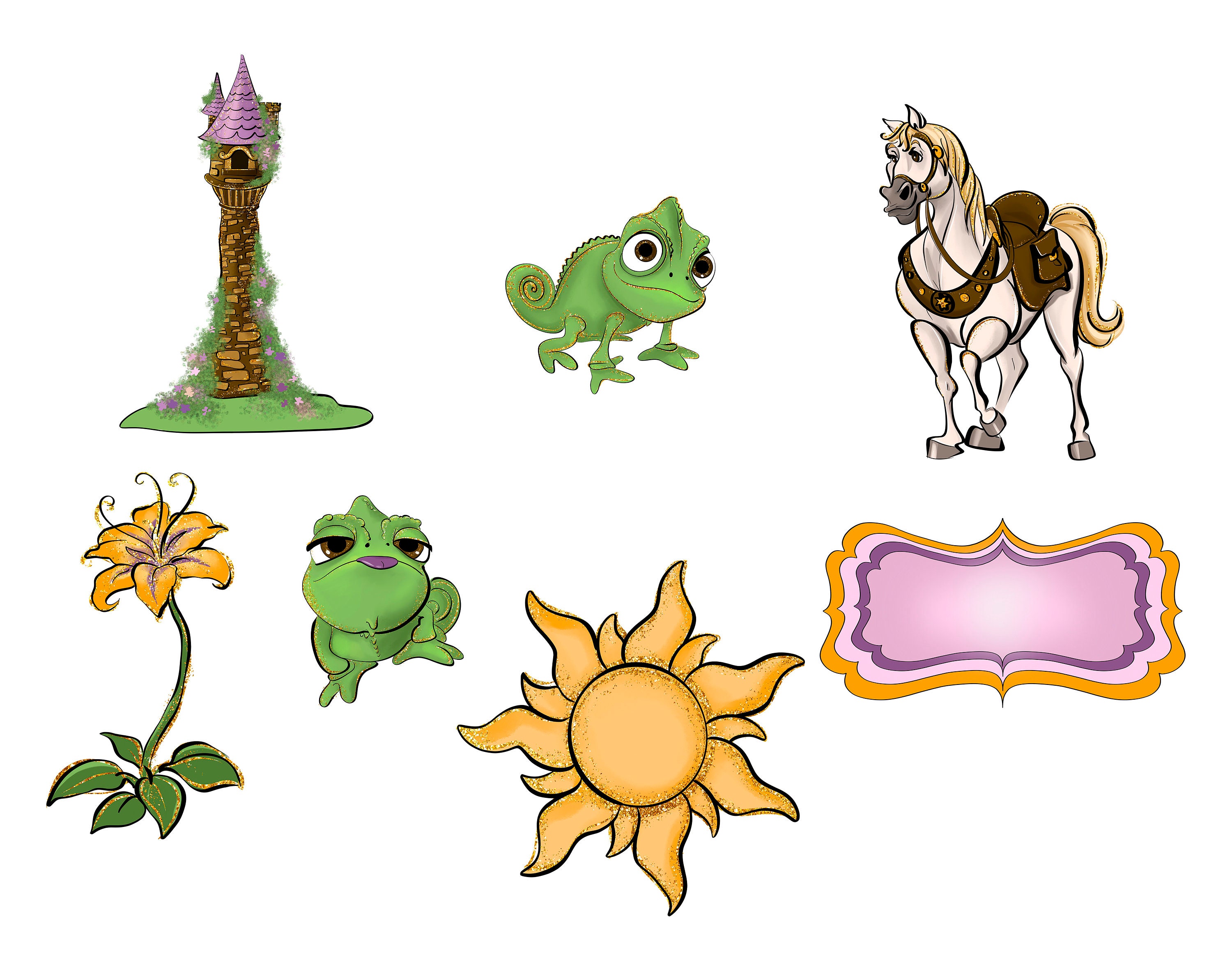 Rapunzel Clipart Set: Watercolor Princess, Tower, Pascal, Maximus ...