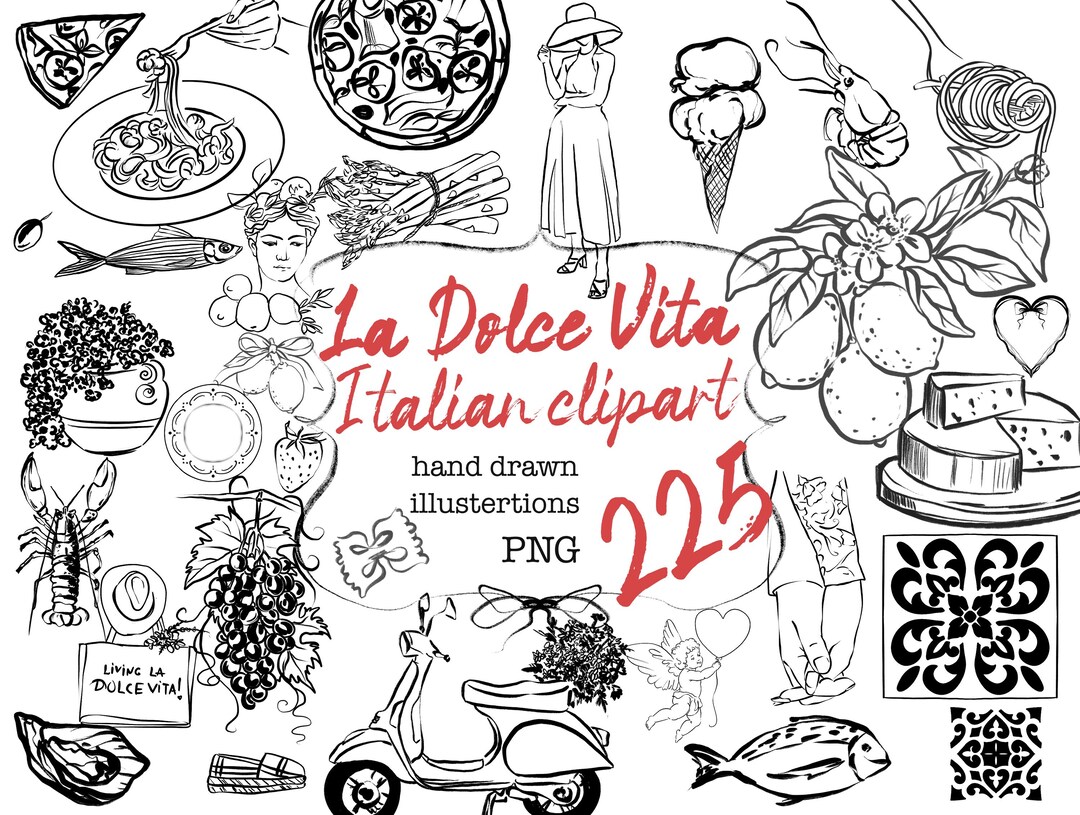 Italian Summer Clipart, Hand Drawn Mediterranean Food, Travel & Wedding ...
