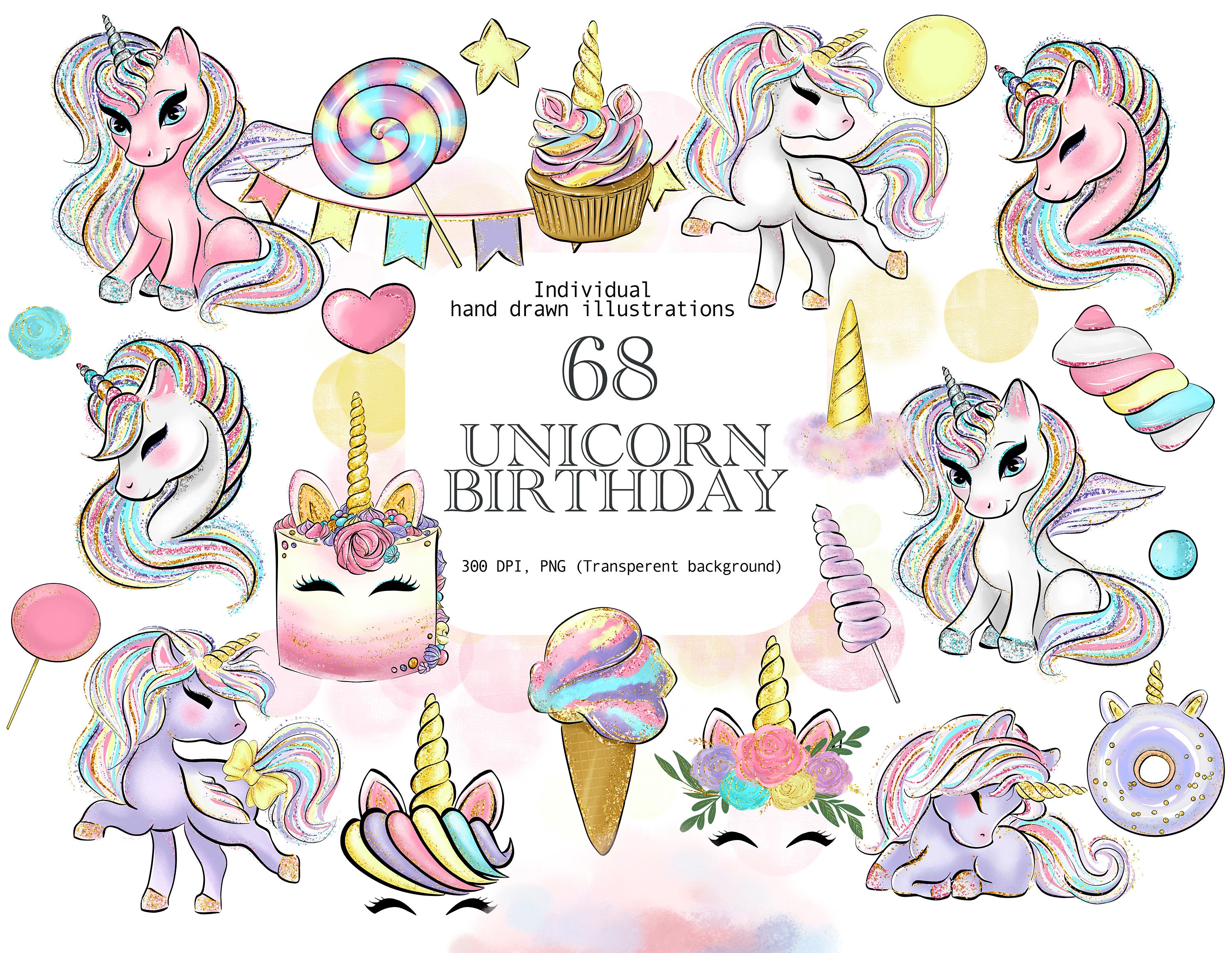 Birthday Unicorn Clipart: Unicorn Planner Stickers, Glitter Rainbow PNG ...