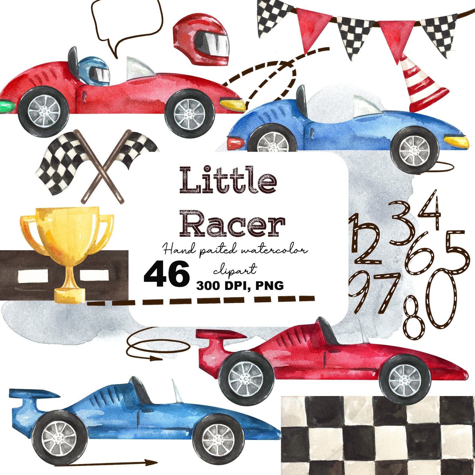 Watercolor Vintage Race Car Clipart: Vintage Automobile Illustrations ...