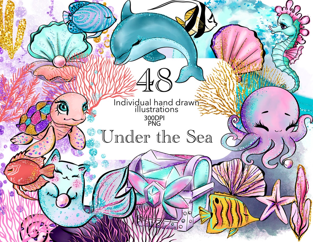 Coral and Seaweed Watercolor Glitter Clipart, Coral Seaweed PNG ...