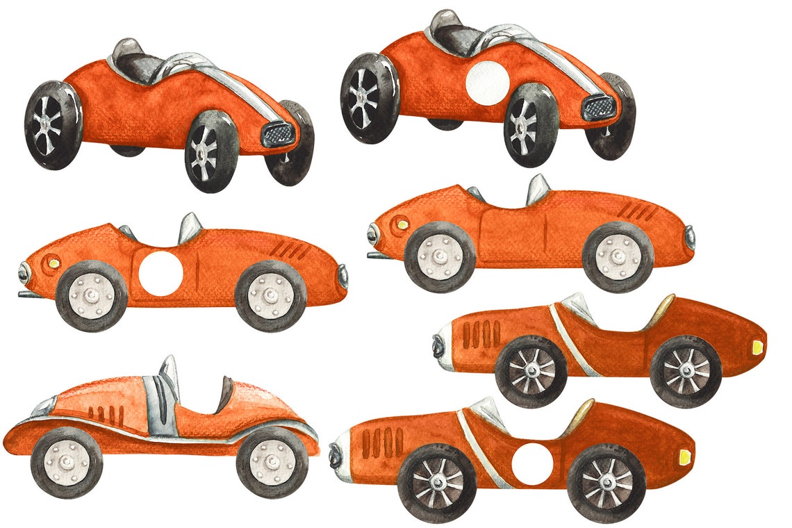 Watercolor Vintage Cars Clip Art Set, Baby Boy Sport Cars, Race Cars ...