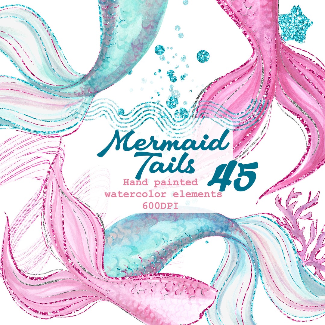 Watercolor Mermaid Tail Clipart, Mermaid Clip Art, Underwater Glitter ...