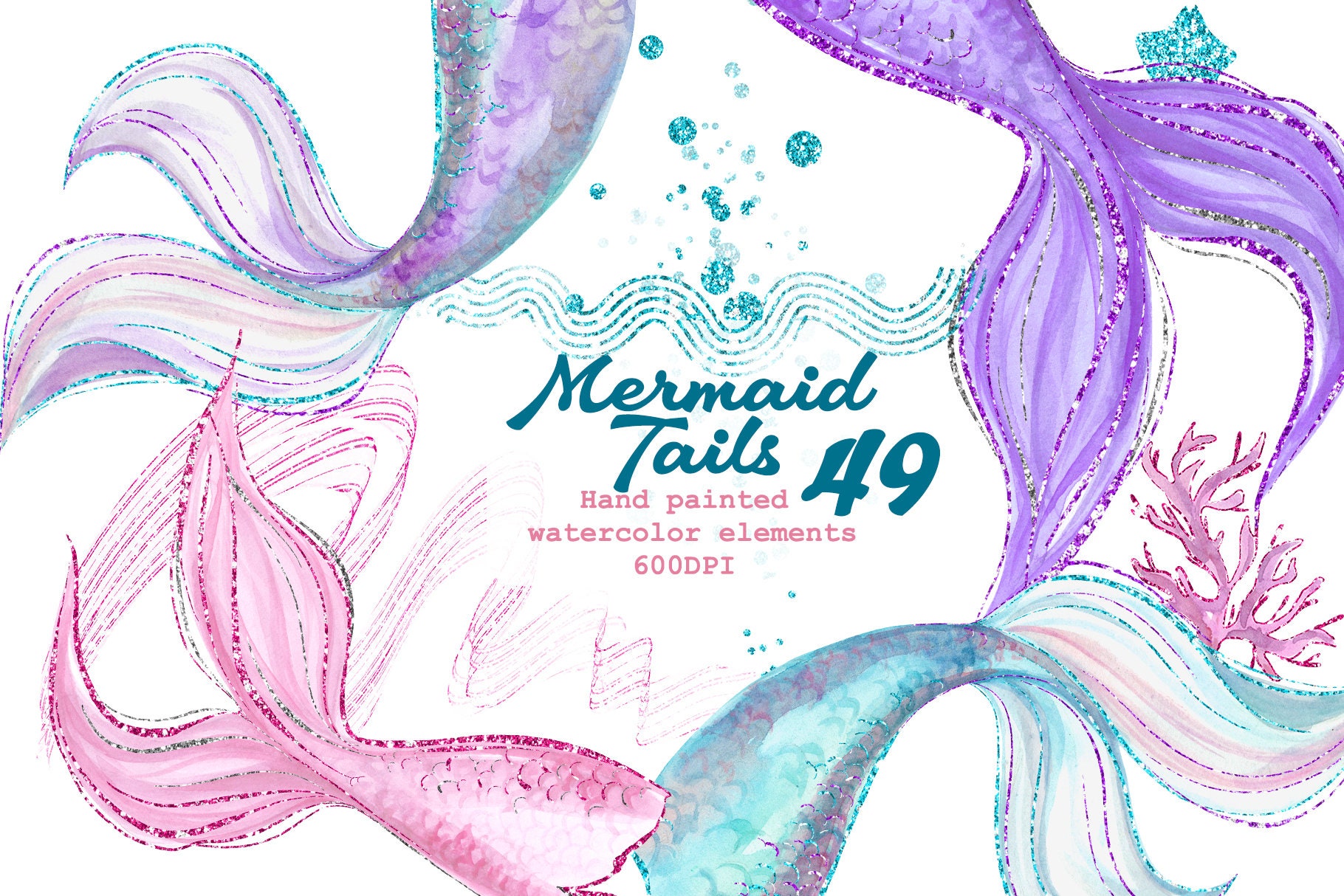 Watercolor Mermaid Tail Clipart, Mermaid Clip Art, Underwater Glitter ...