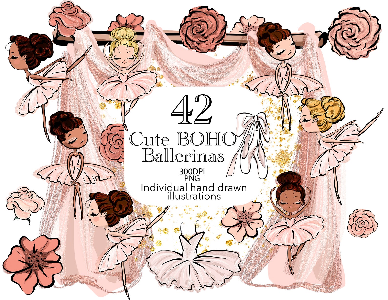 Boho Ballerina Clipart: Watercolor Pink Ballet PNG, Tutu Girls Clipart ...