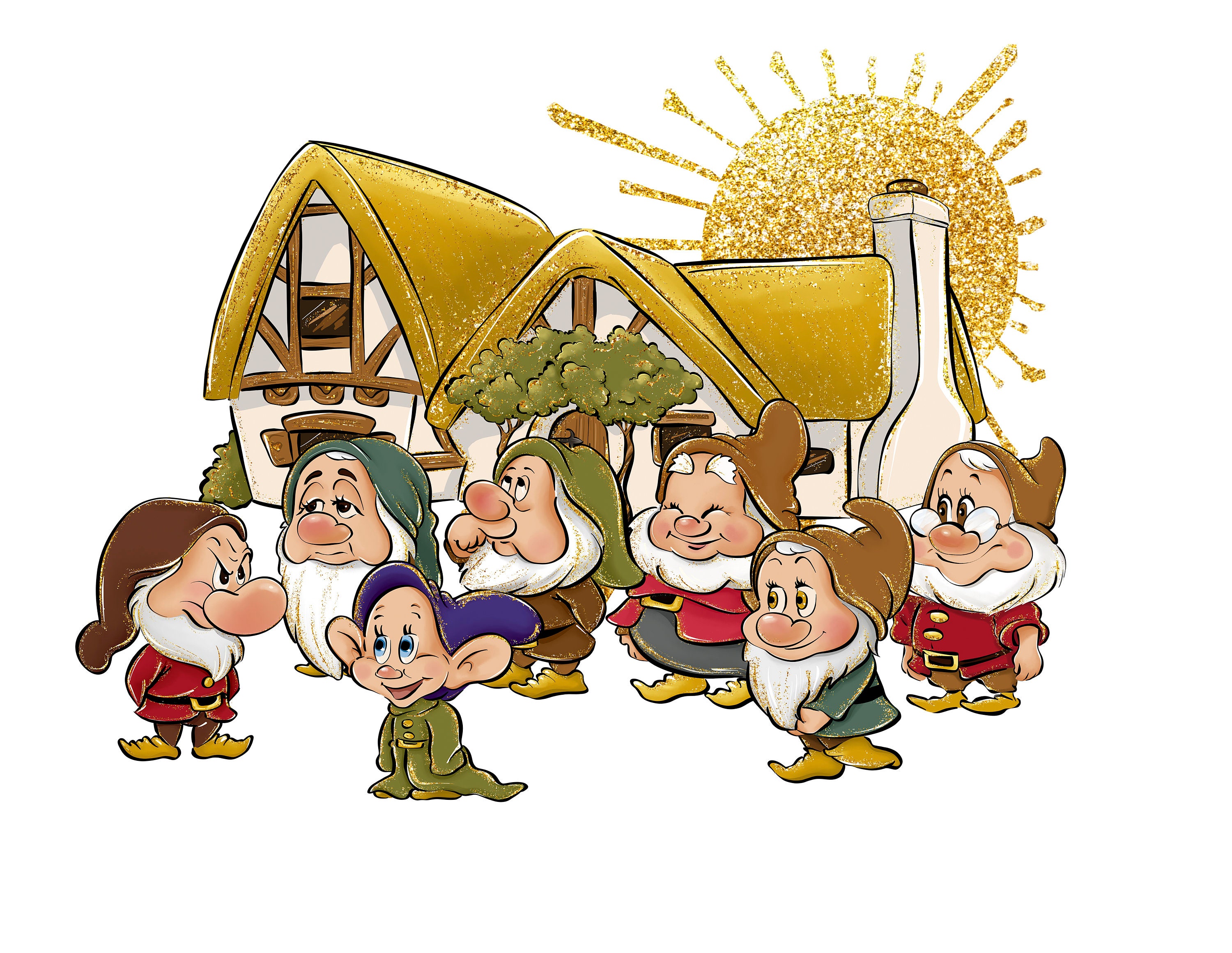 Seven Dwarfs Clipart: Snow White Cottage, Hand Drawn Illustration ...