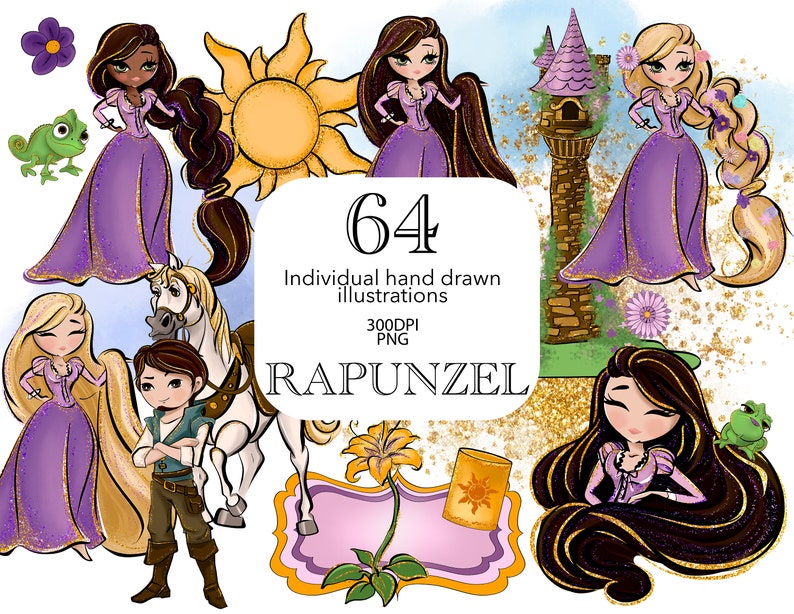 Rapunzel Clipart Set: Watercolor Princess, Tower, Pascal, Maximus ...