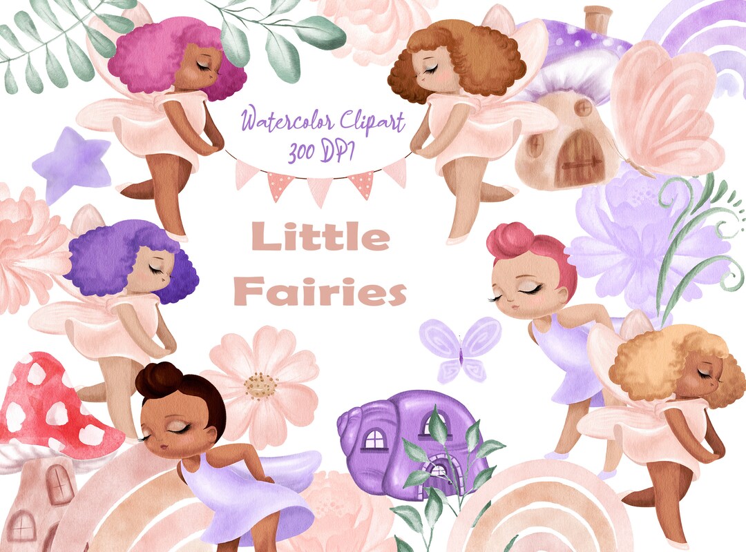 Enchanted Garden Clipart, Black Watercolor Little Fairy PNG, Magical ...