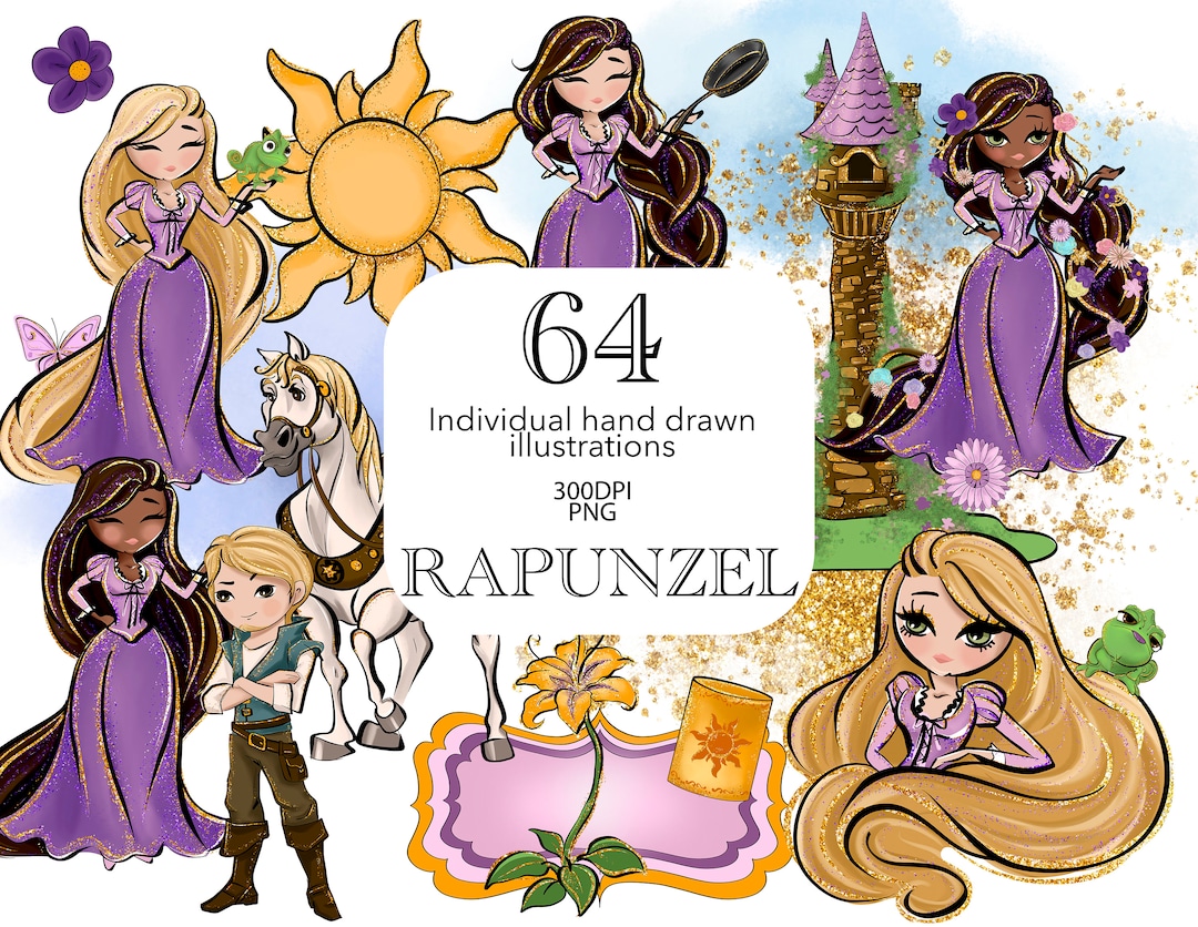Rapunzel Clipart Set: Watercolor Princess, Tower, Pascal, Maximus ...