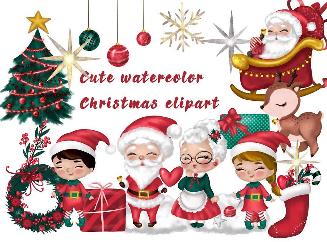 Cute Christmas Watercolor Clipart Set, Sweet Santa & Mrs Clause, Winter ...