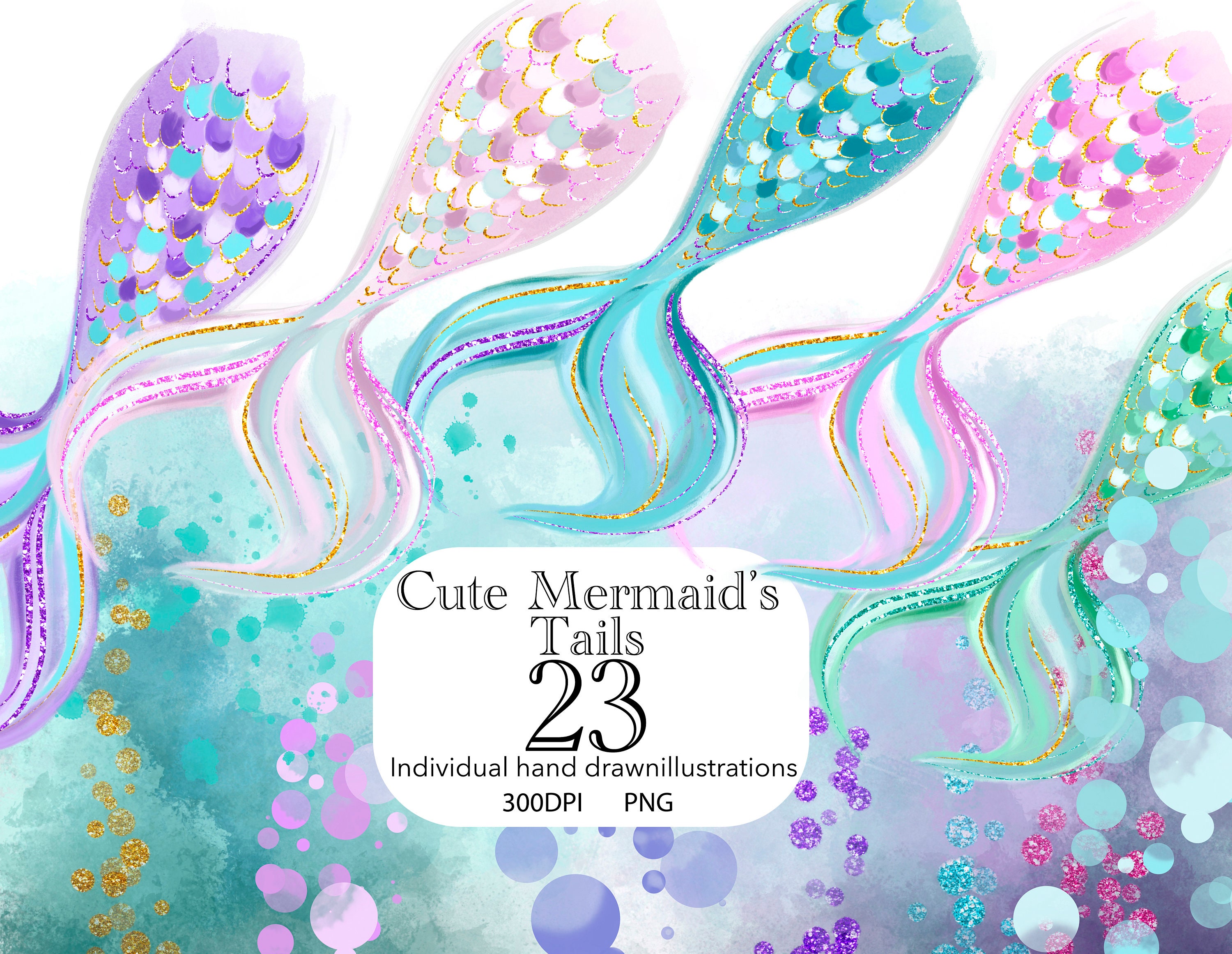 Watercolor Mermaid Tail Clipart: Glitter PNG Graphics (commercial Use ...