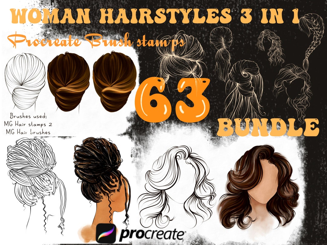 Stamps Guide Procreate Brushes, Woman Hairstyle Stamps Bundle, 63 Hand ...