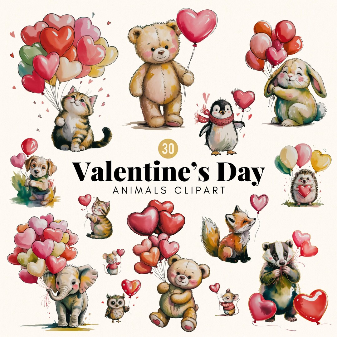 Animals Valentine Day Clipart: Whimsical Graphics With Heart Balloons ...