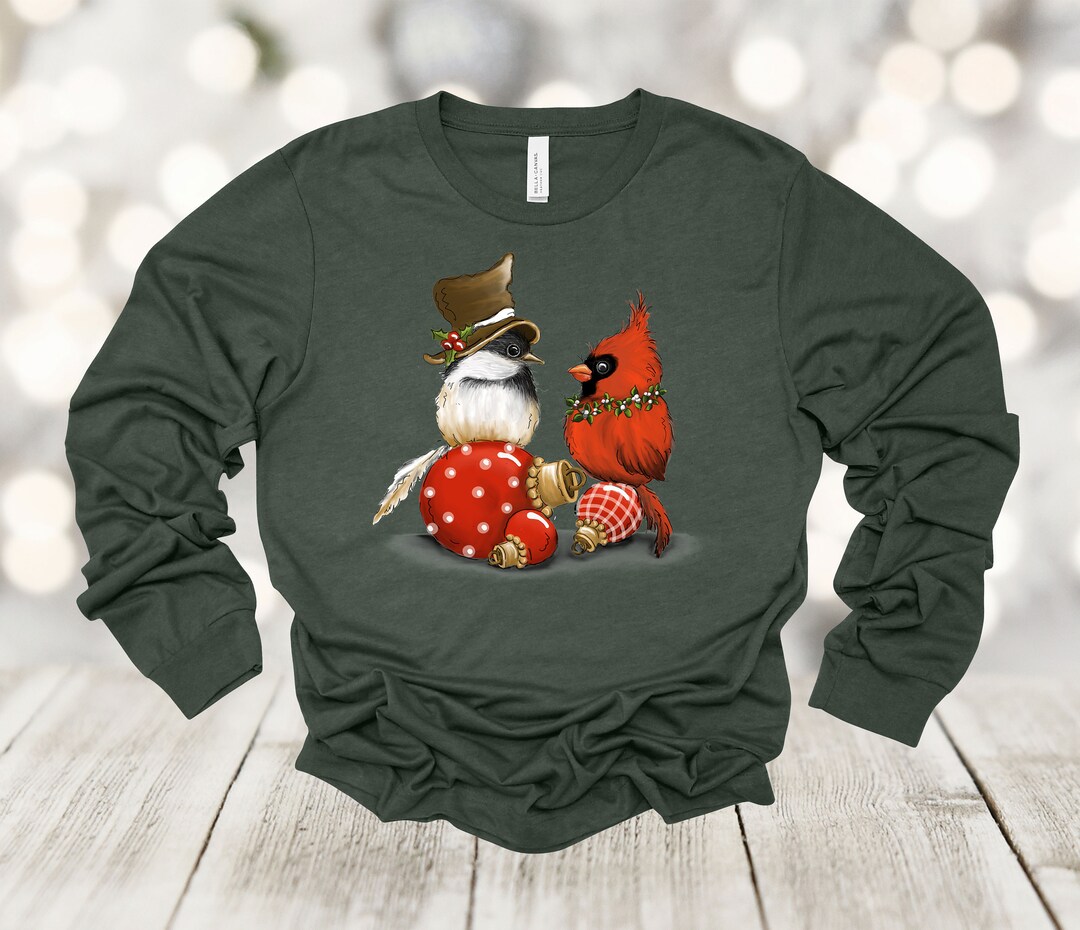 Chickadee Cardinal Christmas Long Sleeve Shirt: Holiday Ornament Tee - Etsy