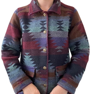 Vintage 90s Womens Wool Blend Aztec Southwestern Bohemian Fleece Jacket ...