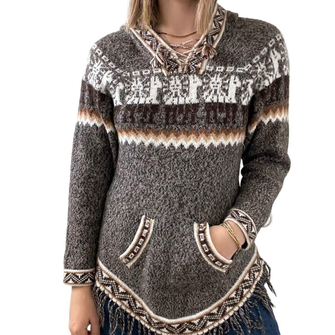 Vintage Womens Incas Andes Brown Alpaca Peruvian Soft Hoodie Fringe ...