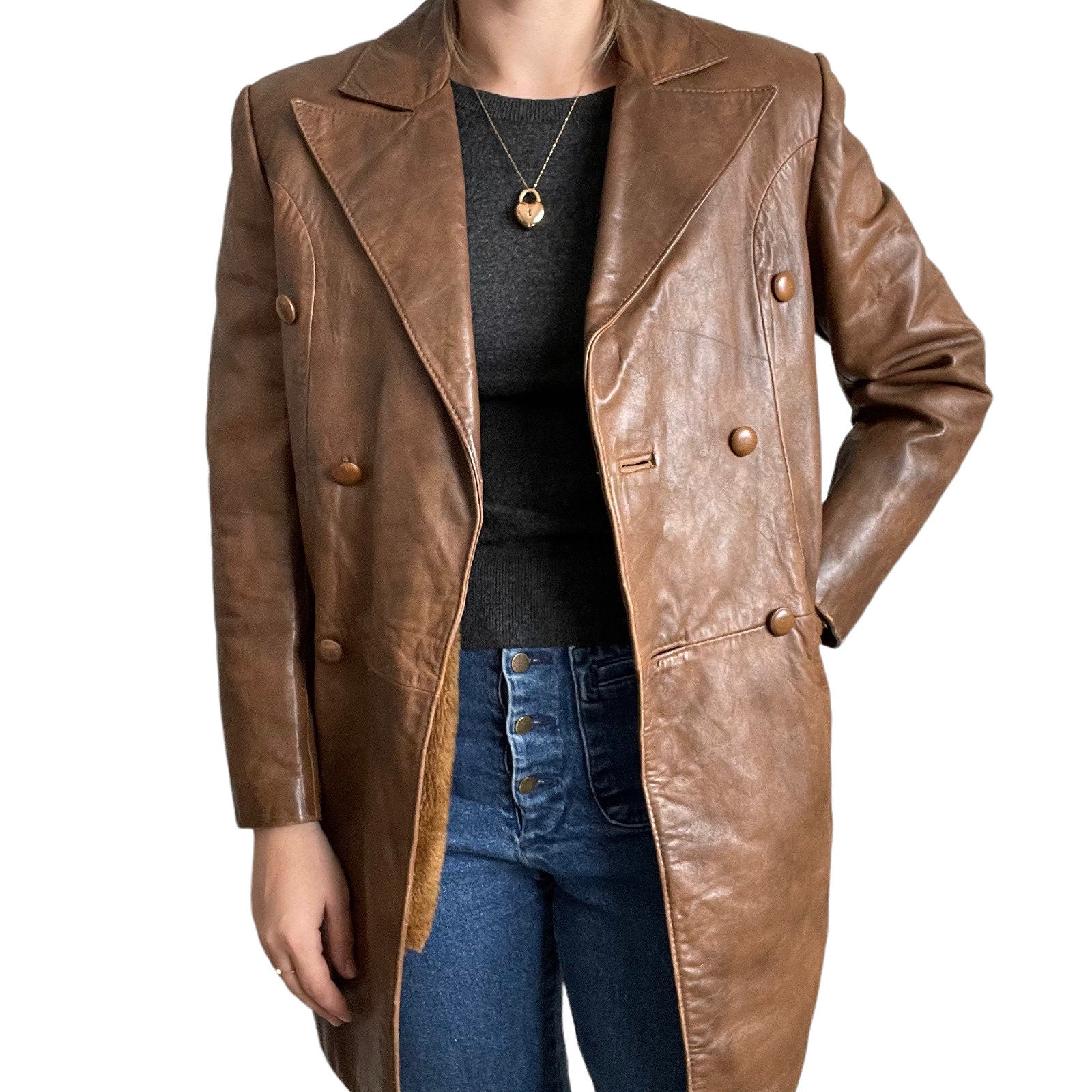 Vintage Womens 1970s Disco Collar Brown Leather Faux Fur Lining Jacket ...