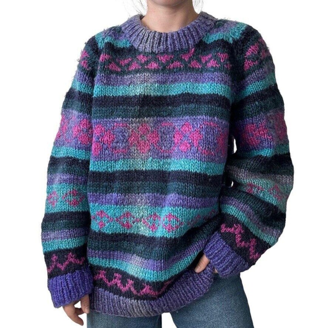 Vintage Ecuadorian Chunky 100% Wool Striped Rainbow Oversized Sweater ...