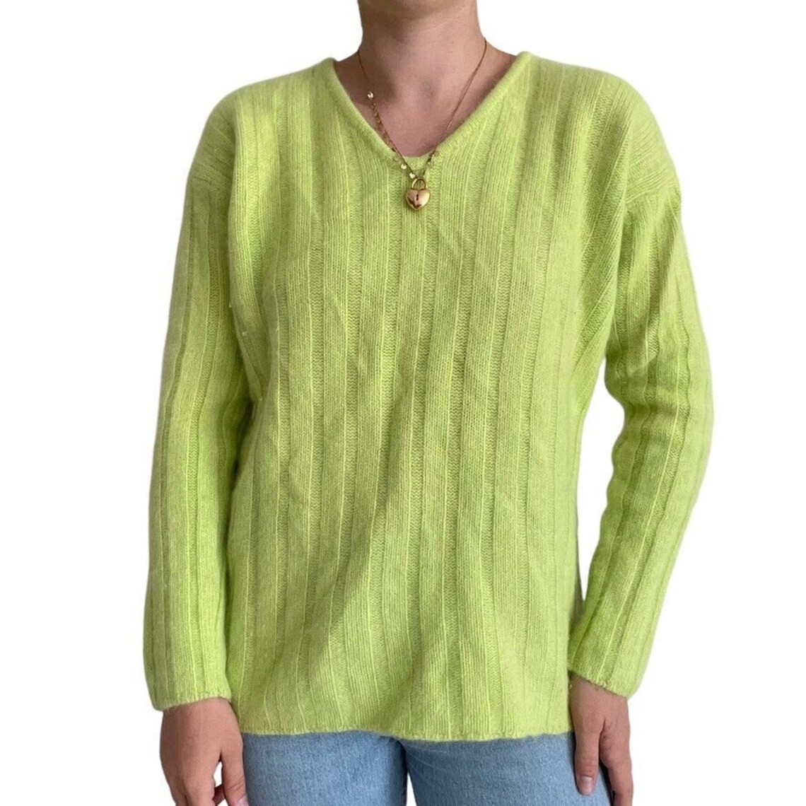 Vintage 80s Womens Gantos Soft Angora Lime Neon Green Ribbed V Neck ...