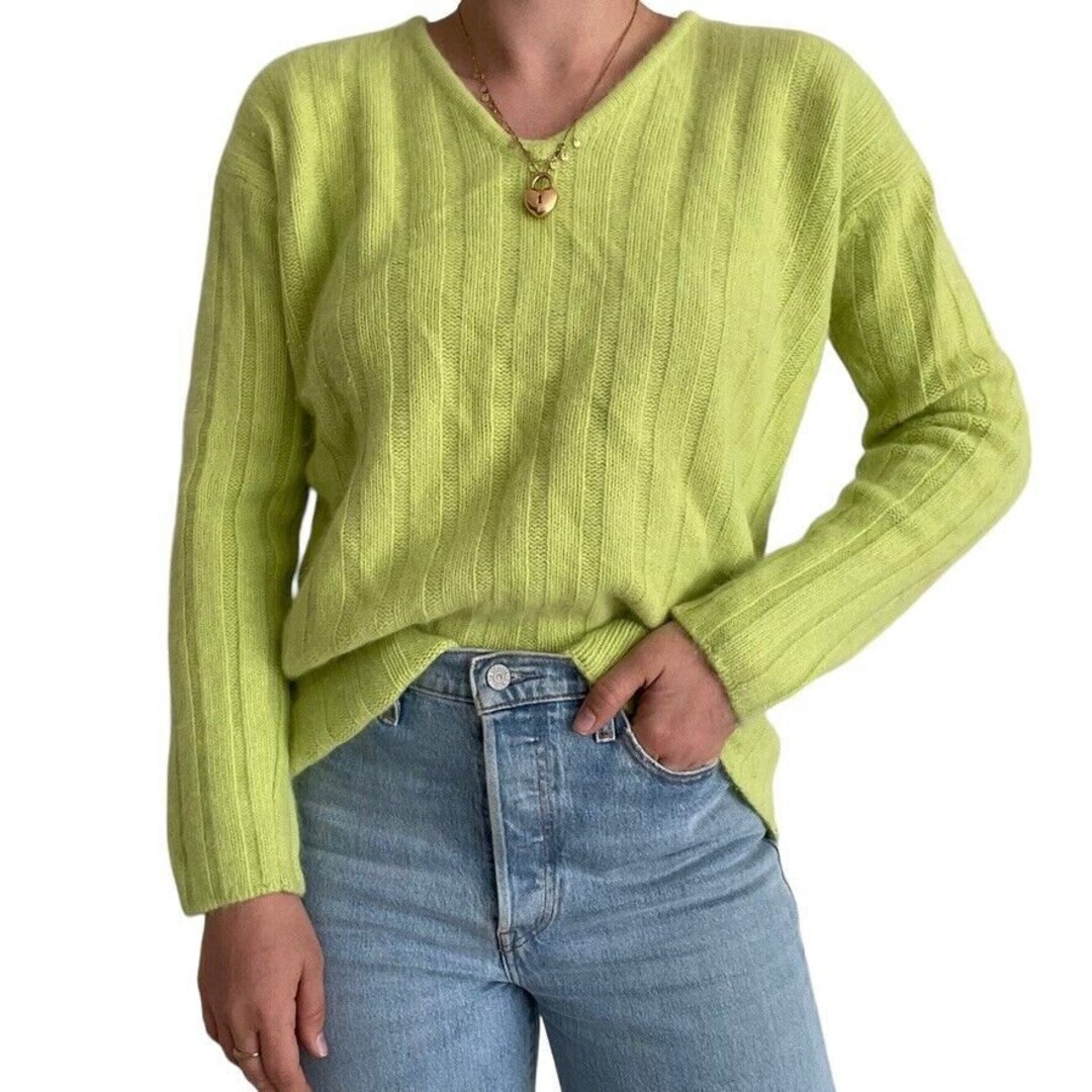 Vintage 80s Womens Gantos Soft Angora Lime Neon Green Ribbed V Neck ...