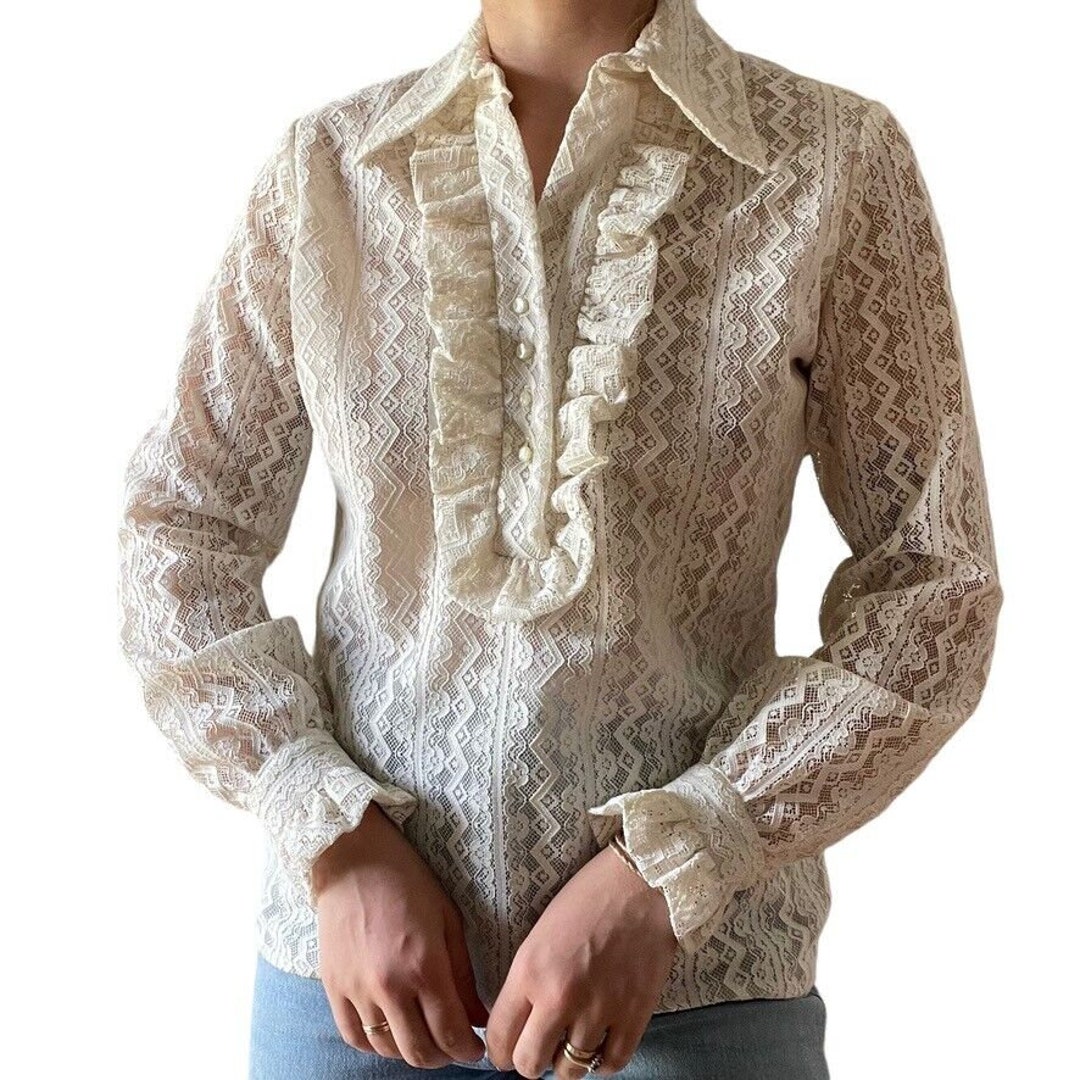 Vintage Womens 1970s Adelaar White Lace Ruffle Sheer Romantic Long ...
