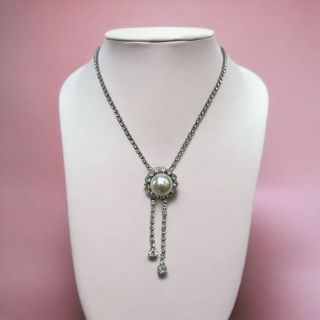 Vintage 60s Judy Lee Tennis Negligee Necklace Clear Rhinestone Pearl ...
