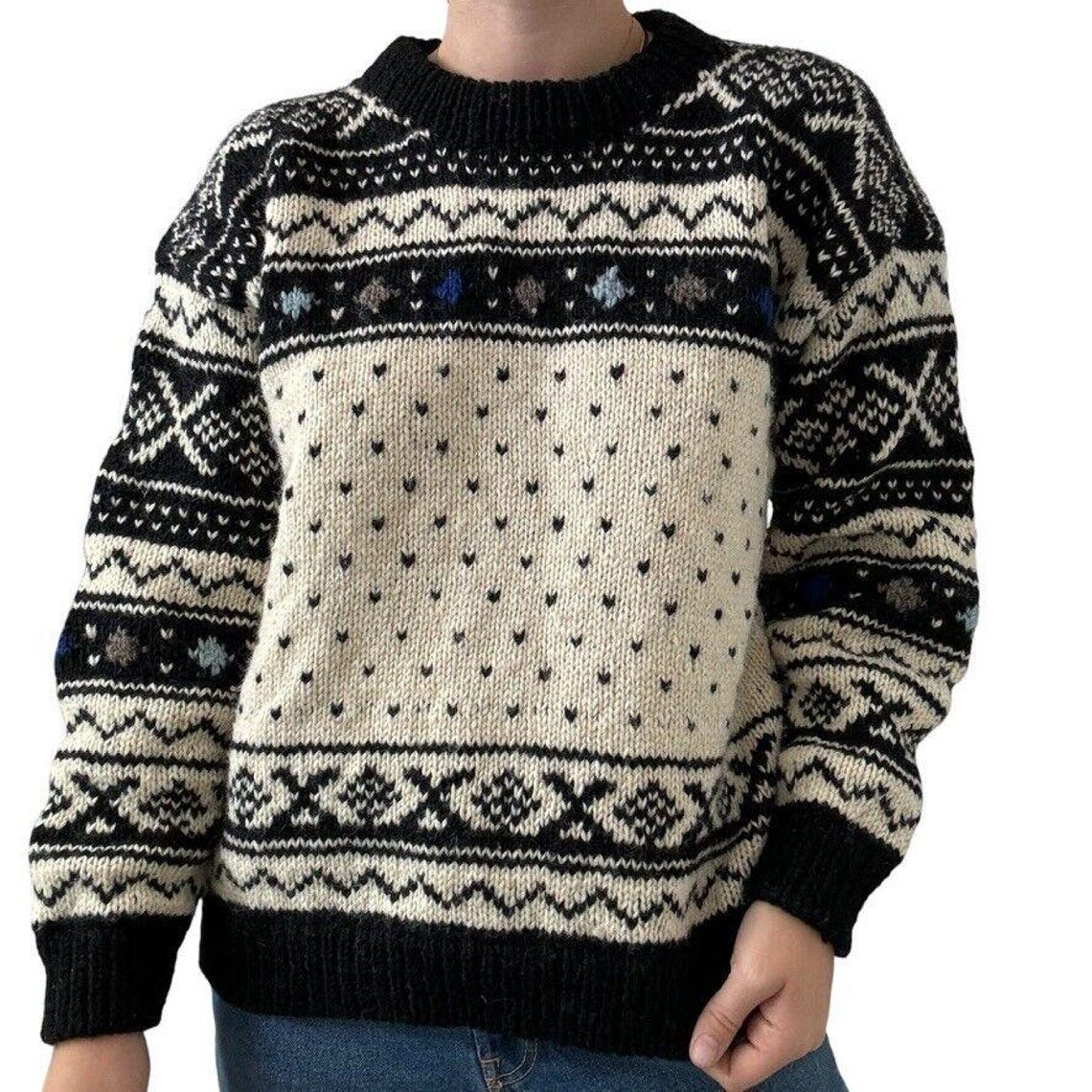 Vintage Womens Hand Knit Ecuadorian Fair Isle Chunky Wool Oversized ...