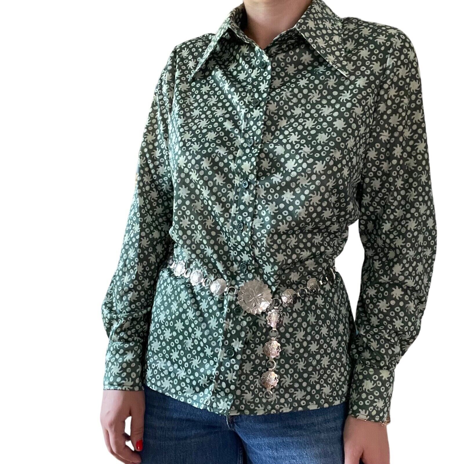 Vintage 1970s Womens Neusteters Green Retro Disco Collar Psychedelic ...