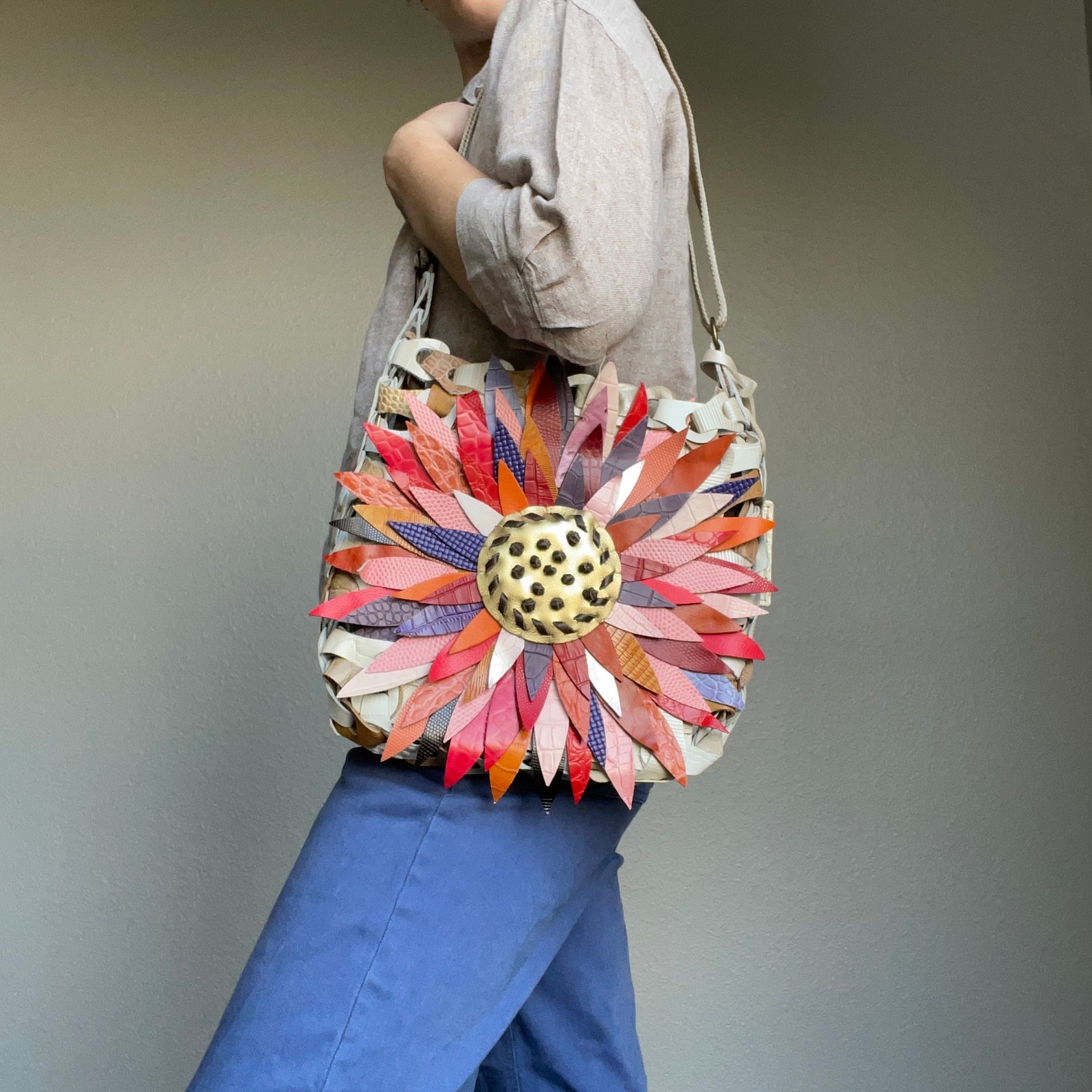 NWT Danish Handmade Leather Purse Sunflower Woven Colorful Adjustable ...