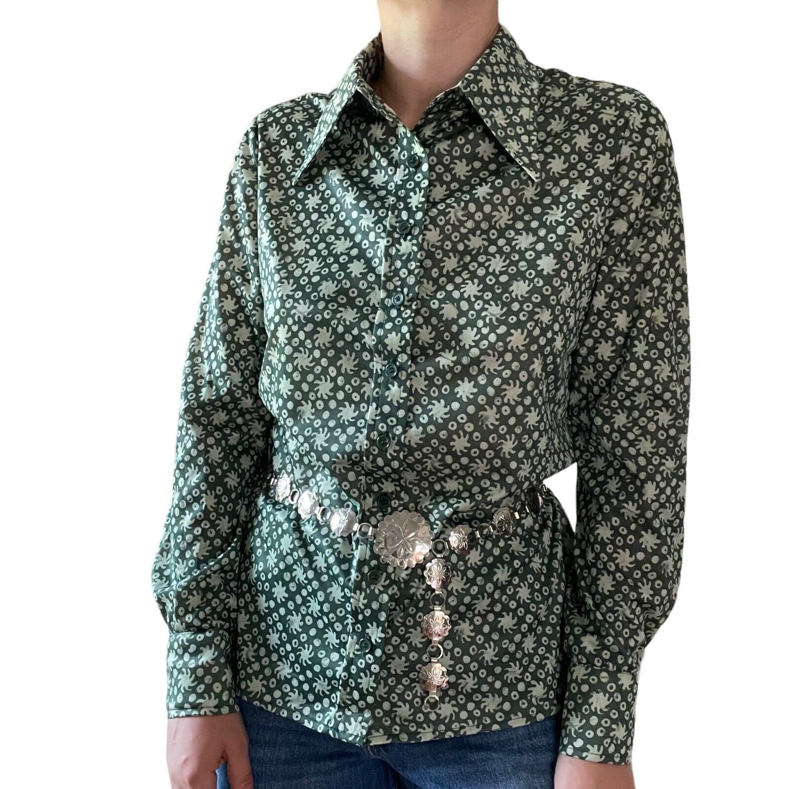 Vintage 1970s Womens Neusteters Green Retro Disco Collar Psychedelic ...