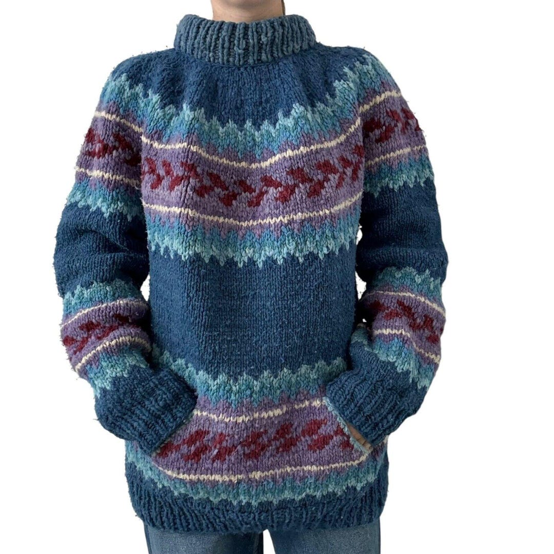 Vintage Hand Knit Woolies Blue Purple Chunky Wool Ecuador Oversized ...