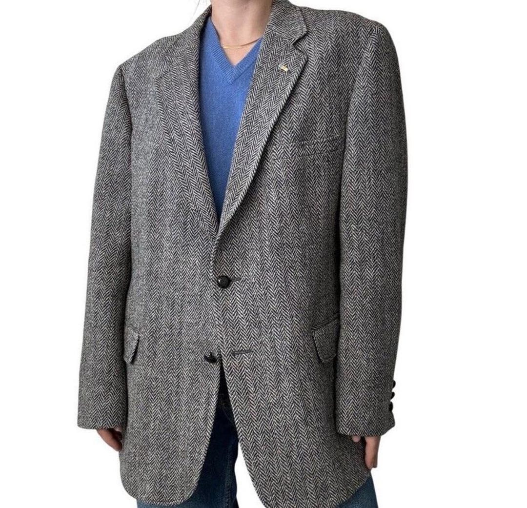 Vintage 1970s Harris Tweed Black Gray Chevron Wool Scottish Sport Coat ...