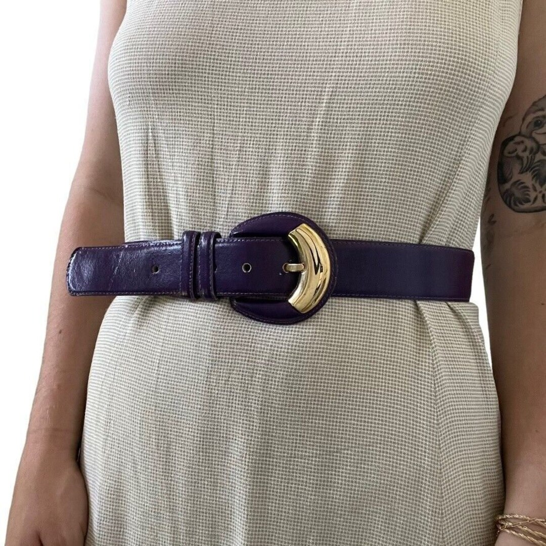 Vintage 1980s Womens Milor Purple Leather Retro Gold Buckle Waist Belt ...