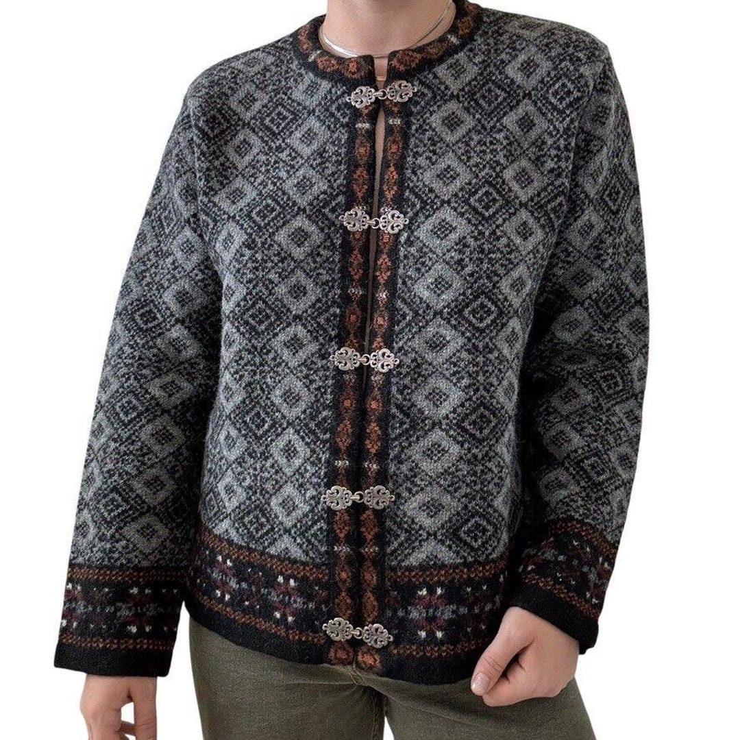 Vintage 1990s Carroll Reed 100% Wool Nordic Gray Geometric Cardigan Sz ...