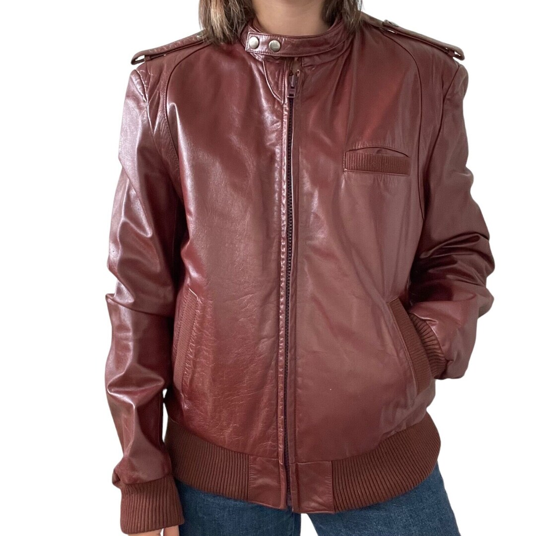 Vintage 1970s Merlot Red Leather Full Zip Midmod Retro Bomber Jacket Sz ...