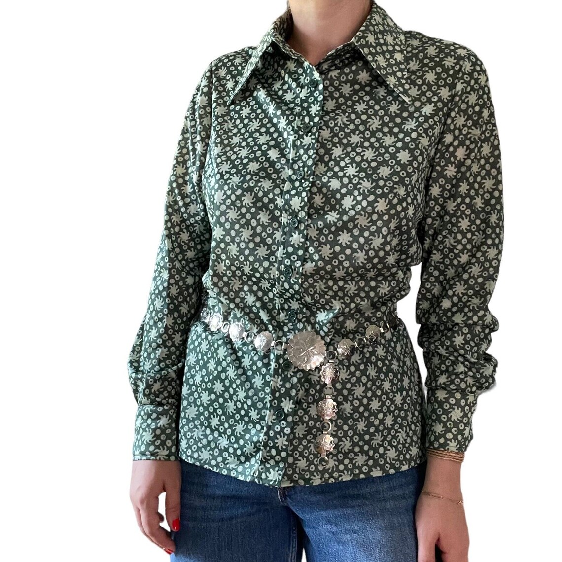 Vintage 1970s Womens Neusteters Green Retro Disco Collar Psychedelic ...