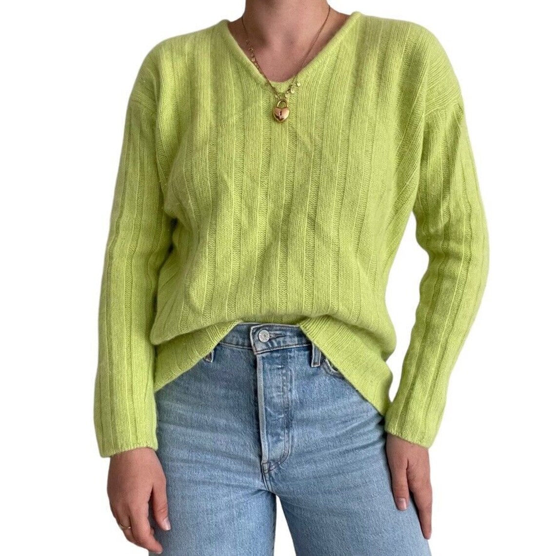 Vintage 80s Womens Gantos Soft Angora Lime Neon Green Ribbed V Neck ...