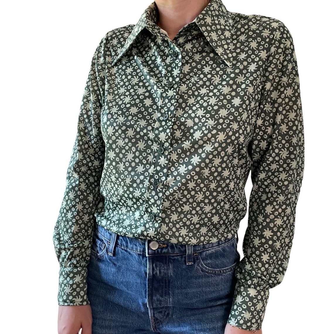 Vintage 1970s Womens Neusteters Green Retro Disco Collar Psychedelic ...