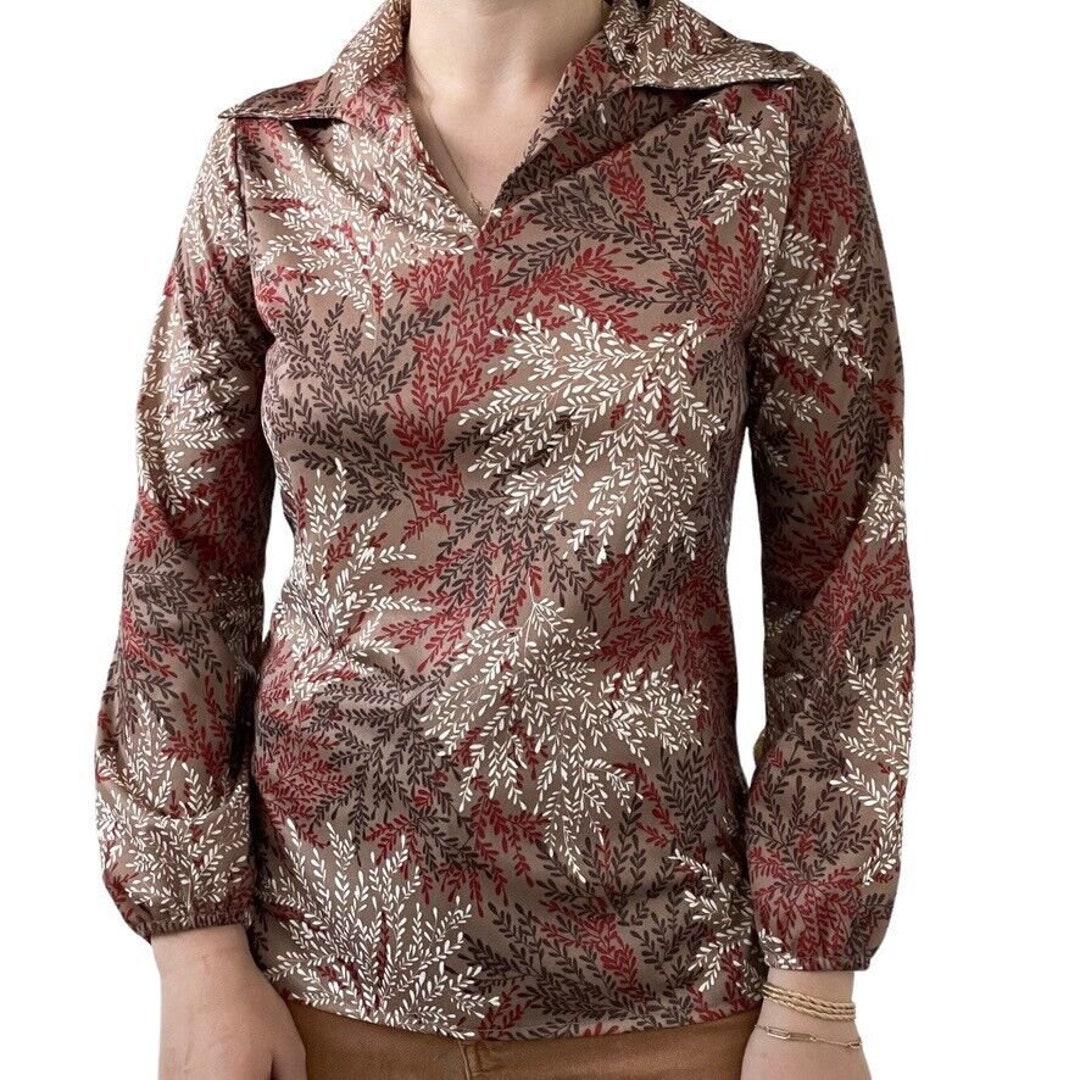 Vintage 1970s Womens Disco Collar Retro Floral Hippie Long Sleeve ...