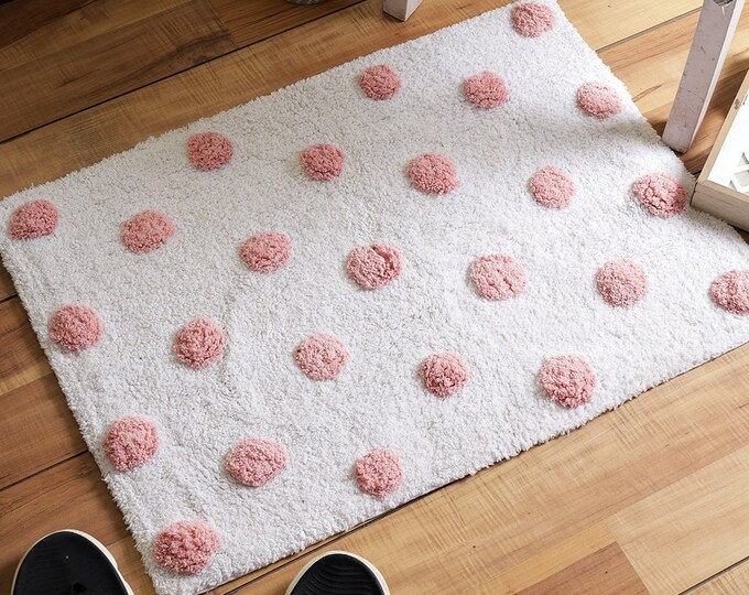 Pink and White Tufted Cotton Bath Mat Washable Bathroom Mat - Etsy