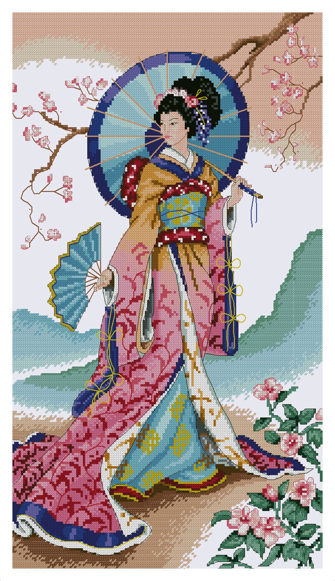 Japanese Geisha Cross Stitch Pattern Colorful Art DIY X-stitch ...