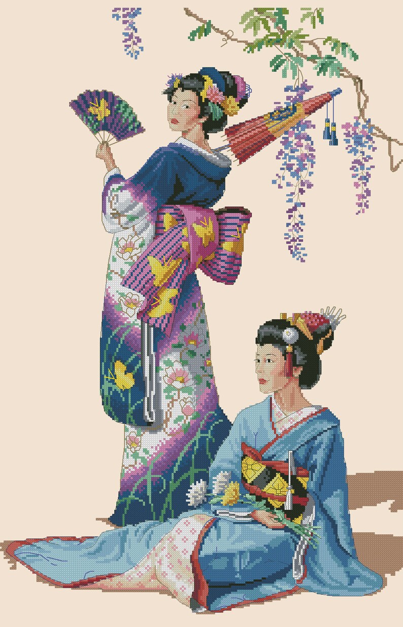 Japanese Geisha Cross Stitch Pattern Colorful Art DIY X-stitch - Etsy ...