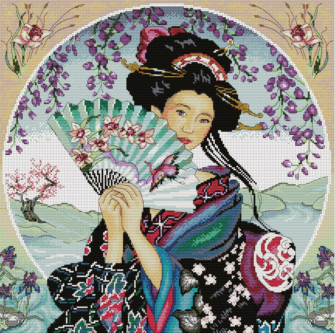 Japanese Geisha Cross Stitch Pattern Colorful Art DIY X-stitch ...