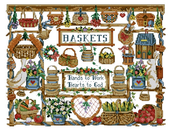 Garden Sampler Cross Stitch Pattern Basket Colorful Art DIY | Etsy