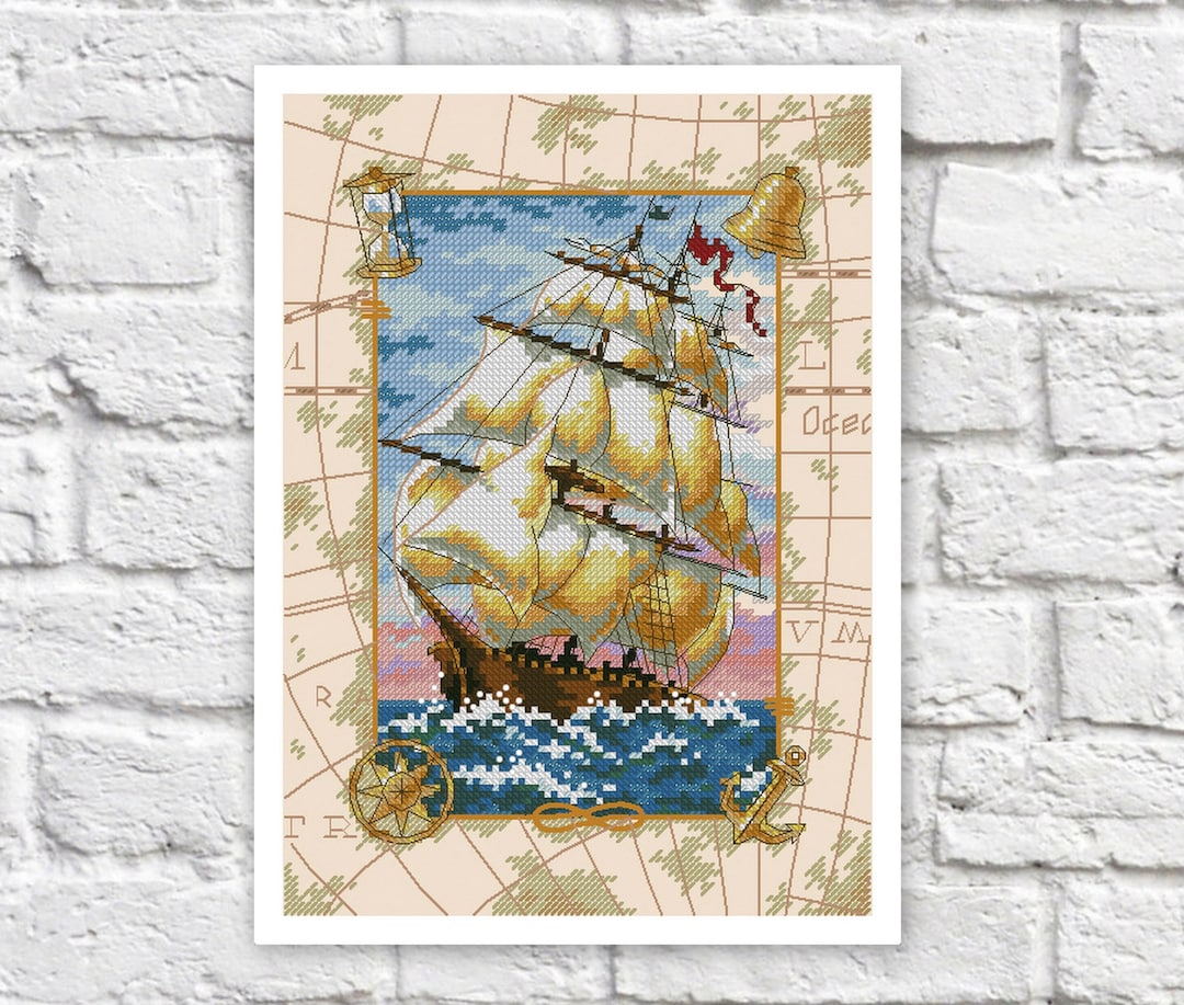 Ship Cross Stitch Pattern Sea Colorful Art DIY X-stitch Chart ...