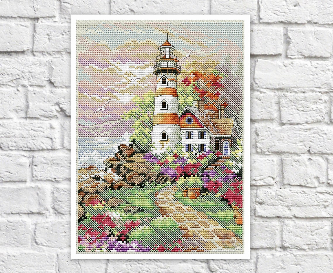 Lighthouse Cross Stitch Pattern Landscape Colorful Art DIY | Etsy