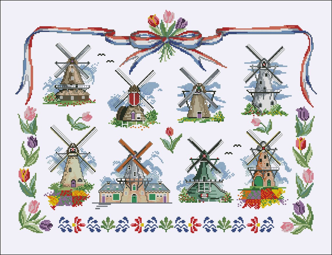 Sampler Cross Stitch Pattern Windmill Colorful Art DIY - Etsy