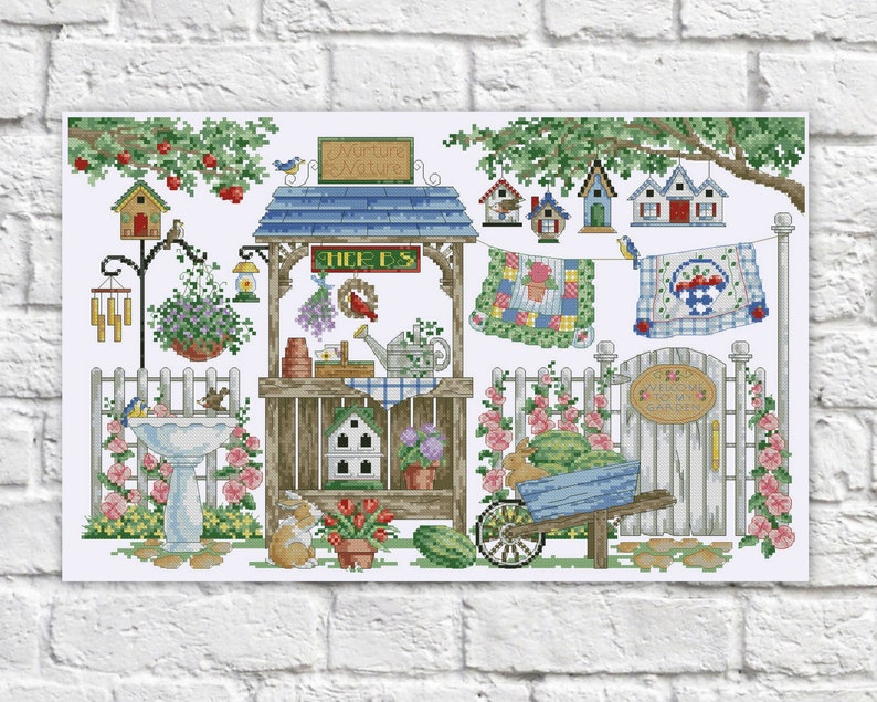Garden Cross Stitch Pattern Colorful Art DIY X-stitch Chart Needlepoint ...