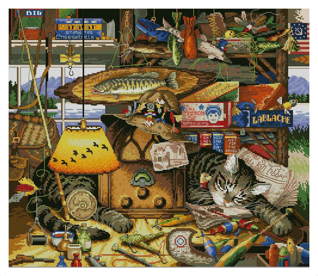 Cat Cross Stitch Pattern Fishing Colorful Art DIY X-stitch Chart ...